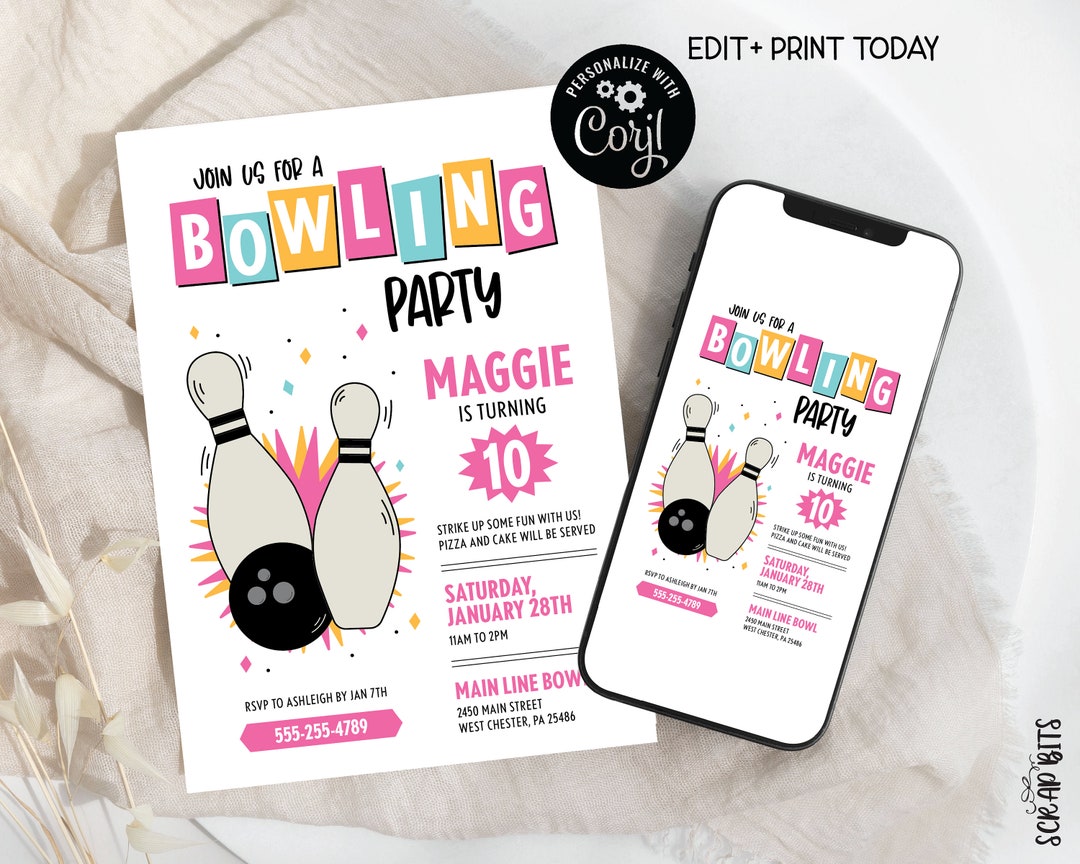 EDITABLE Bowling Invitation, Bowling Party Invtiatoin, Retro Bowling ...