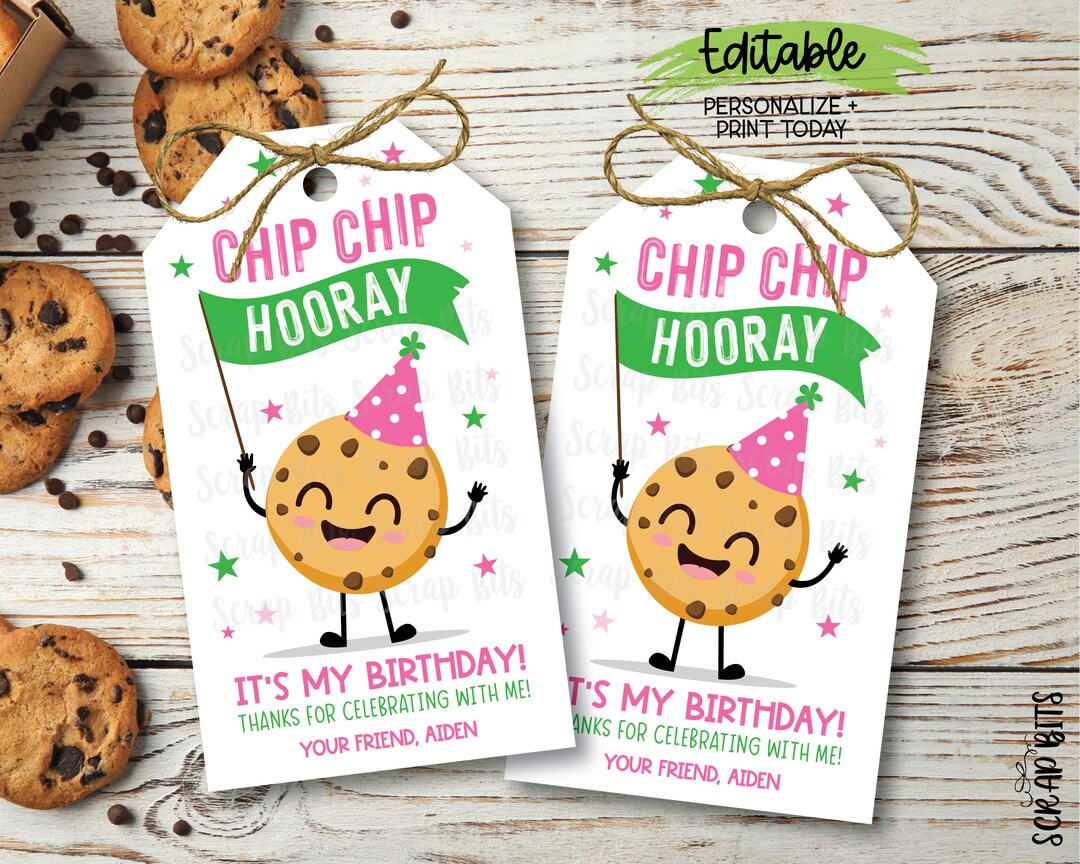EDITABLE Birthday Cookie Tags, Chip Chip Hooray Birthday Tag, Pink ...