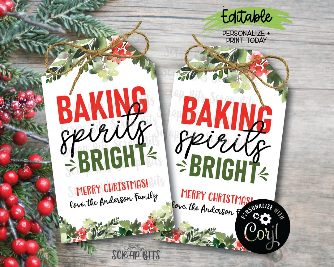 EDITABLE Christmas Baking Tags, Personalized Baking Spirits Bright Tags ...