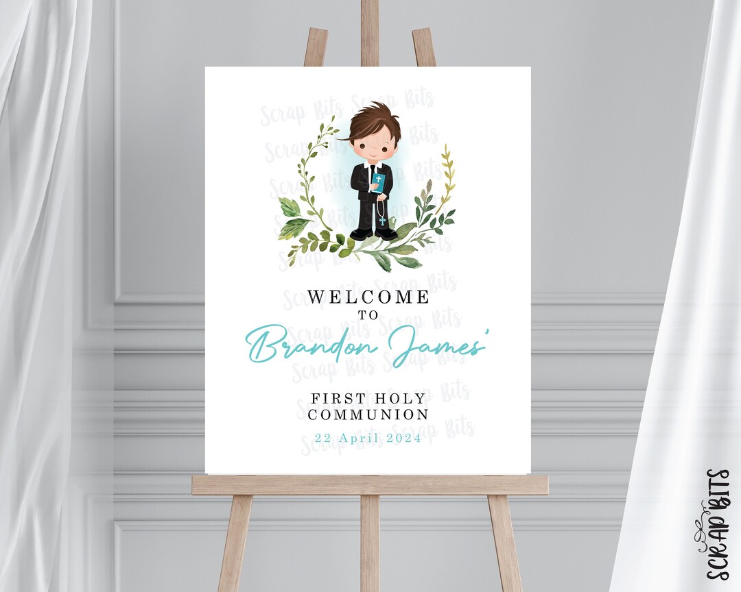 First Communion Welcome Sign, Boy Watercolor Greenery Wreath, Communion ...