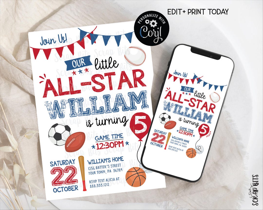 EDITABLE Sports Birthday Invitation, Our Little All Star, Red & Blue ...