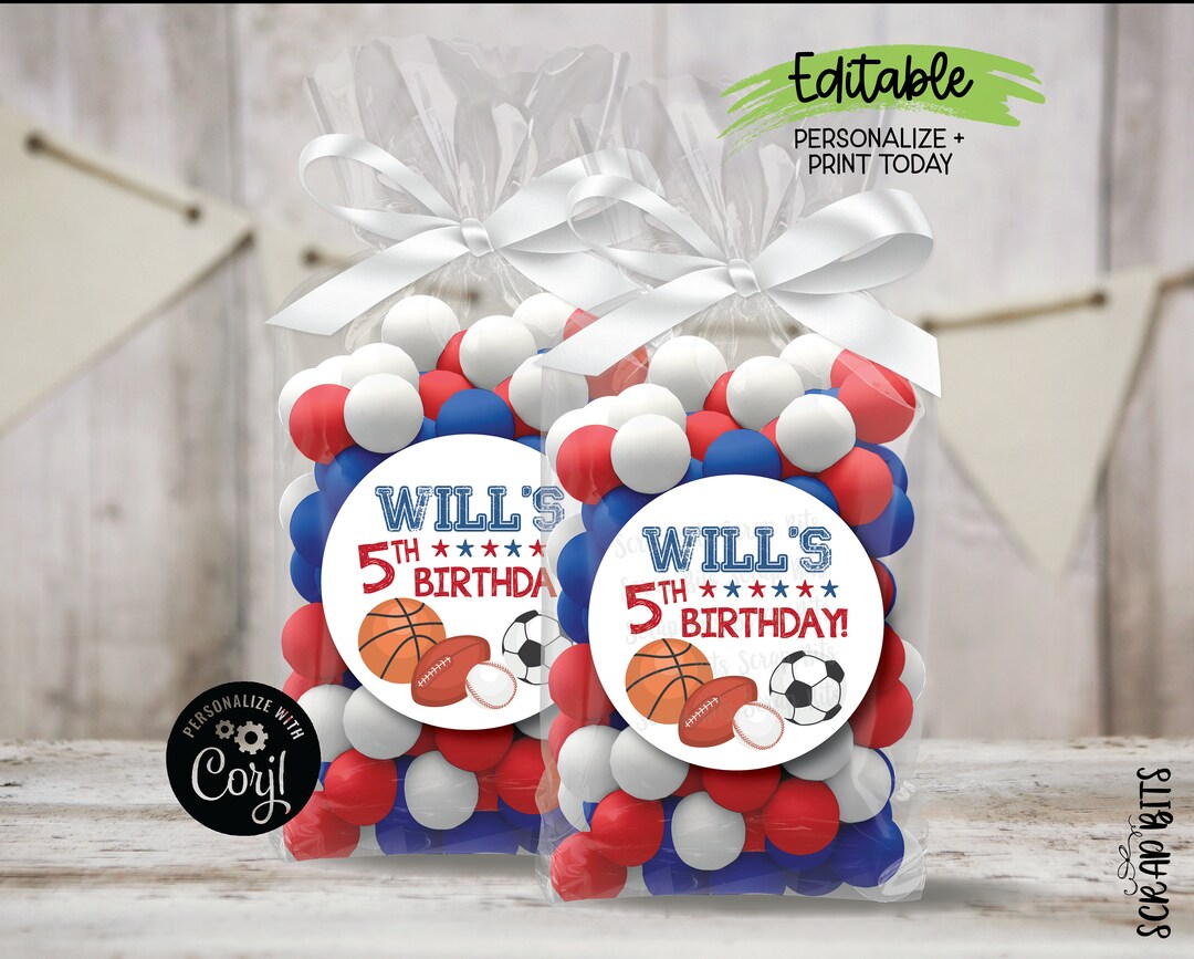 EDITABLE Sports Birthday Labels, Printable Party Stickers for Treat ...
