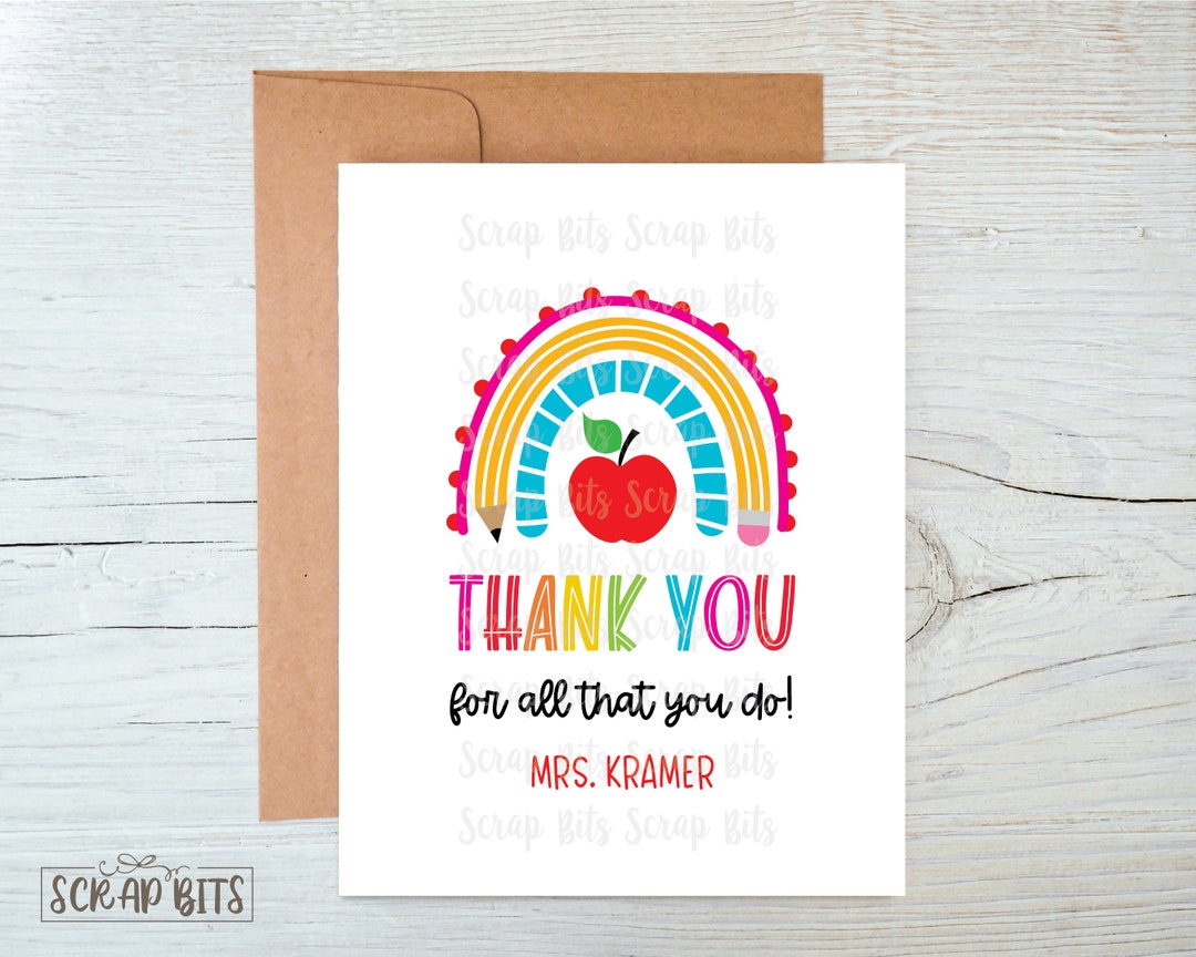 Teacher Appreciation Card, Thank You Card, Personalized Rainbow Card ...