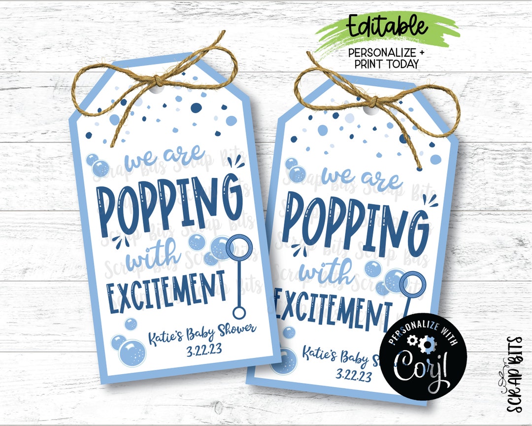 EDITABLE Bubbles Baby Shower Tags, Blue Popping With Excitement ...