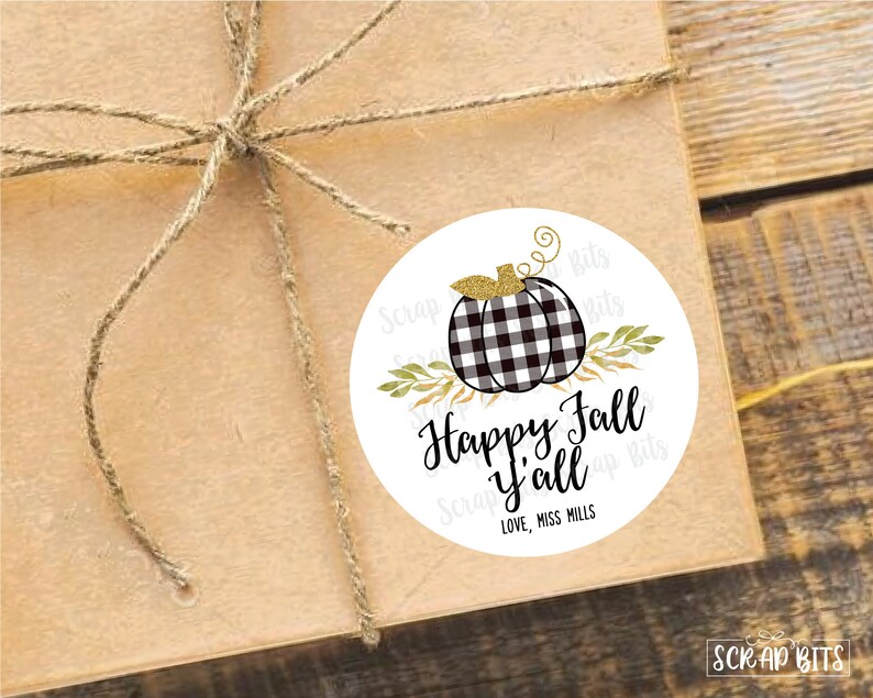 Happy Fall Y'all Stickers, Buffalo Plaid Pumpkin, Personalized Party ...