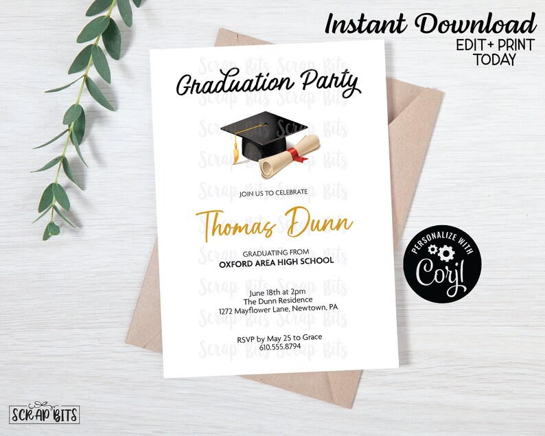 EDITABLE Graduation Party Invitation Grad Cap & Diploma High - Etsy
