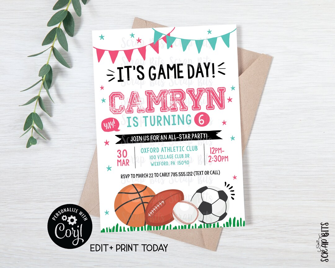 EDITABLE Sports Birthday Invitation, It's Game Day, Blue & Pink Sports ...