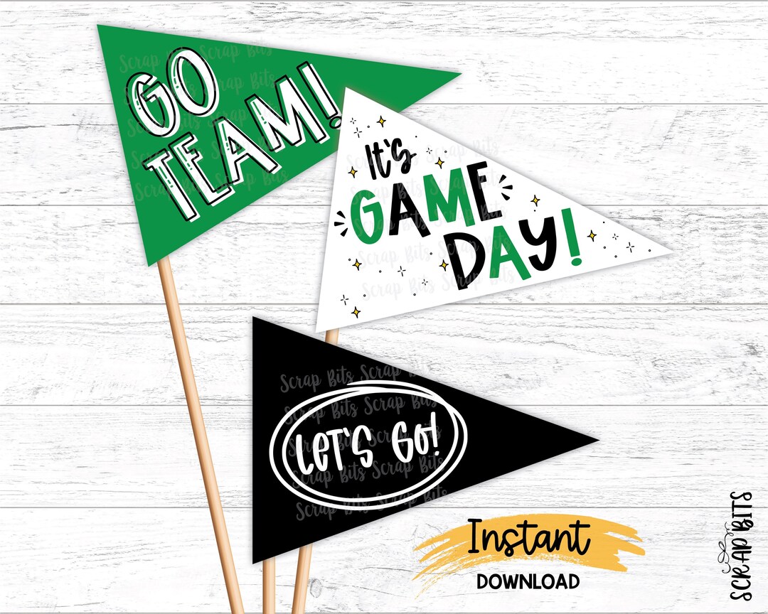 Game Day Pennant Flags, Green & Black, DIY Printable Game Day Party ...