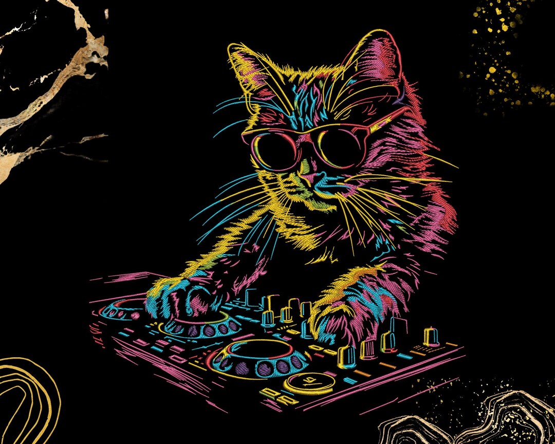 DJ Cat Embroidery Design | Neon Cyberpunk Style | Music Lovers, Djs ...