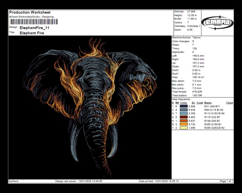 Elephant Fire Embroidery Design | Flaming Line Art Elephant | Wildlife ...