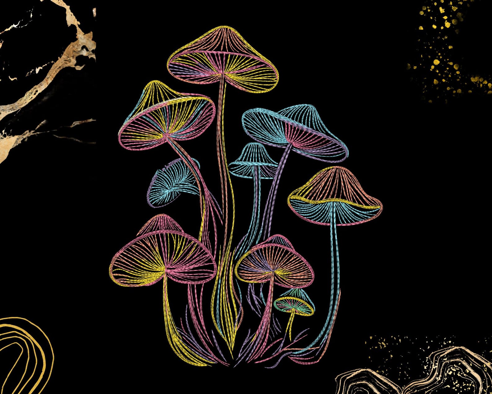 Mushroom Embroidery Design, Psychedelic Neon Art, DIY Digital Download ...