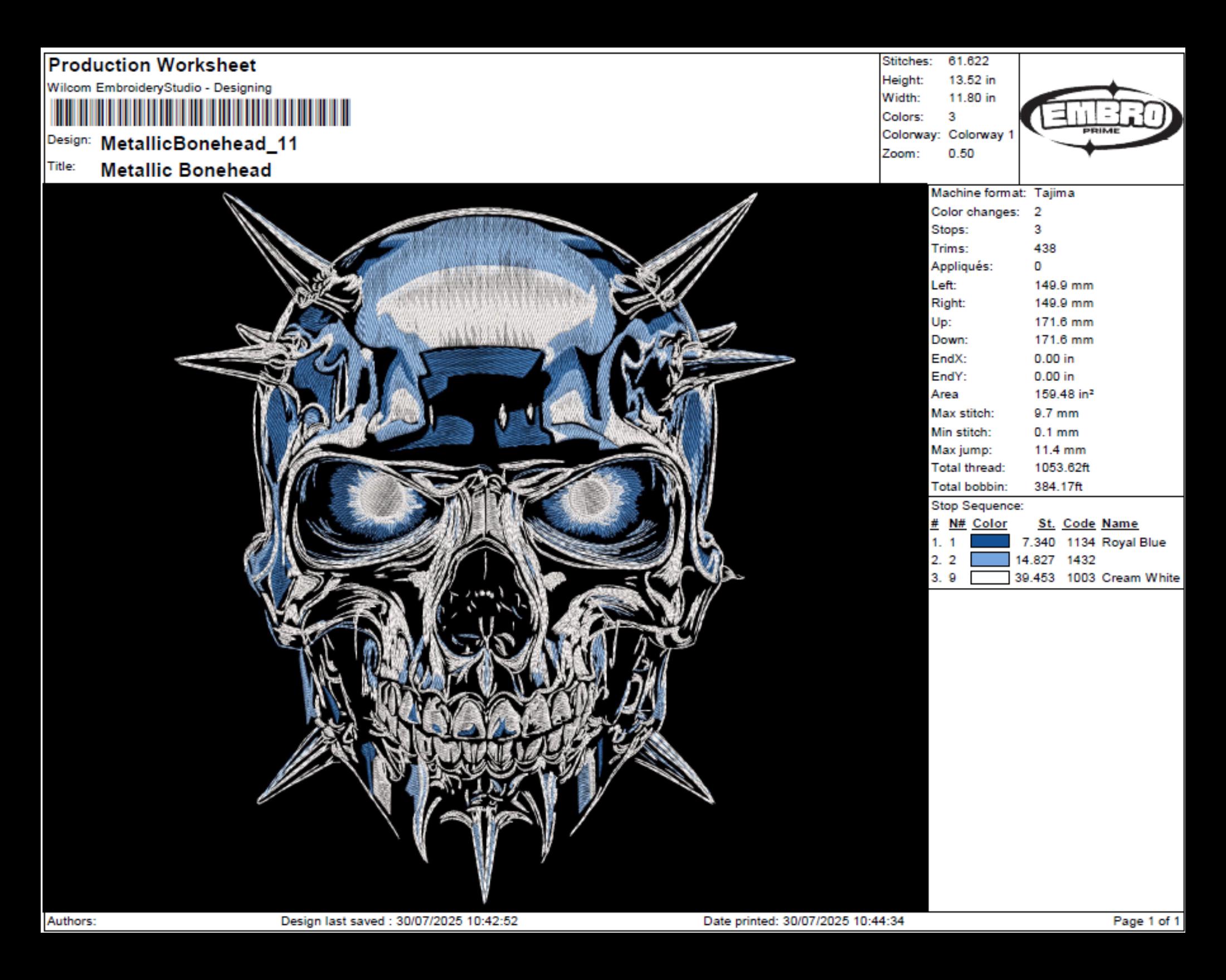 Metallic Bonehead Embroidery | Spiked Skull Theme | Punk Biker Patch ...