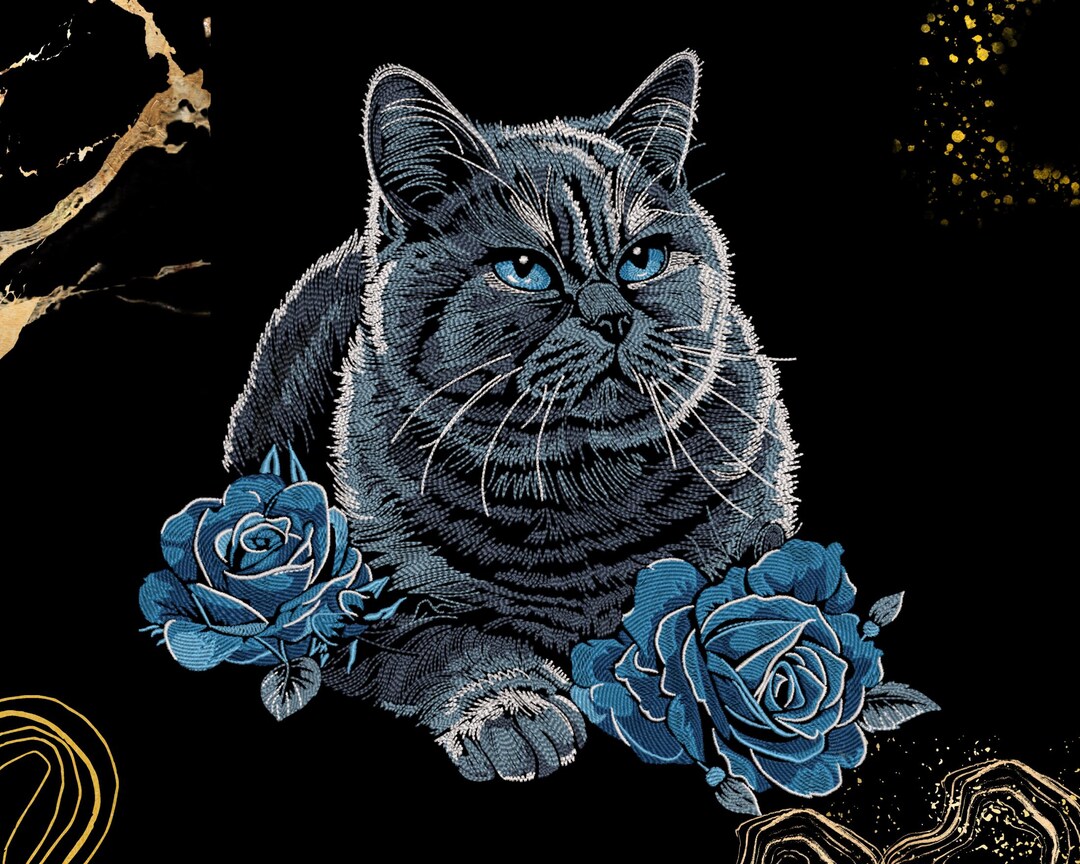 Luxury Cat and Rose Embroidery Design, Detailed Premium Embroidery ...