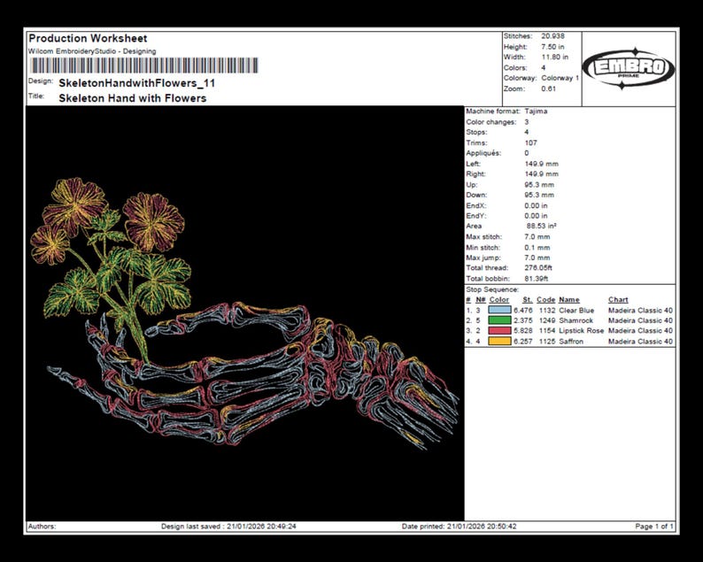 Skeleton Hand With Flowers Embroidery Design | Gothic Floral Art | for ...