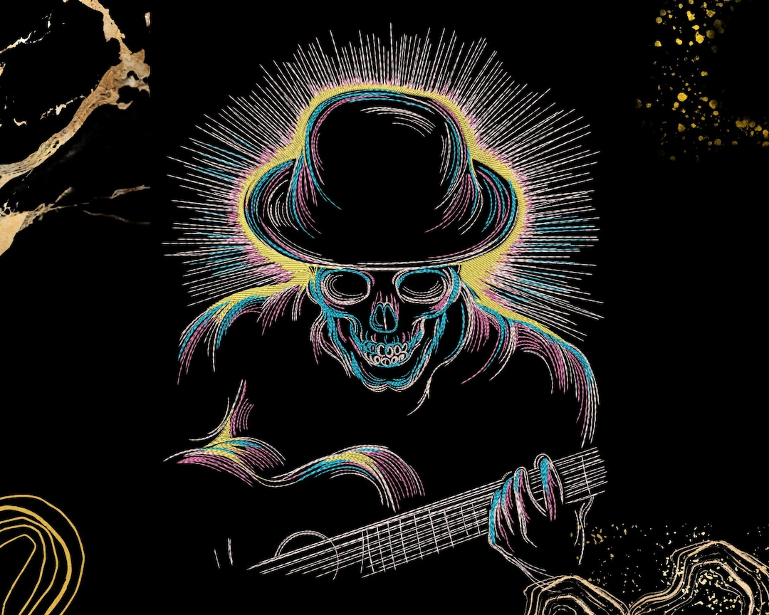 Skeleton Guitarist Embroidery Design | Neon Psychedelic Skull Art ...