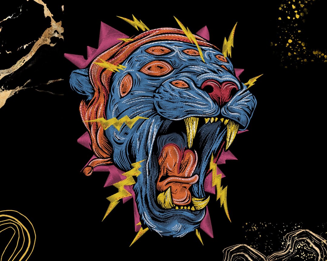 Electric Roaring Panther Embroidery Design | Wild Cat Tattoo Style ...