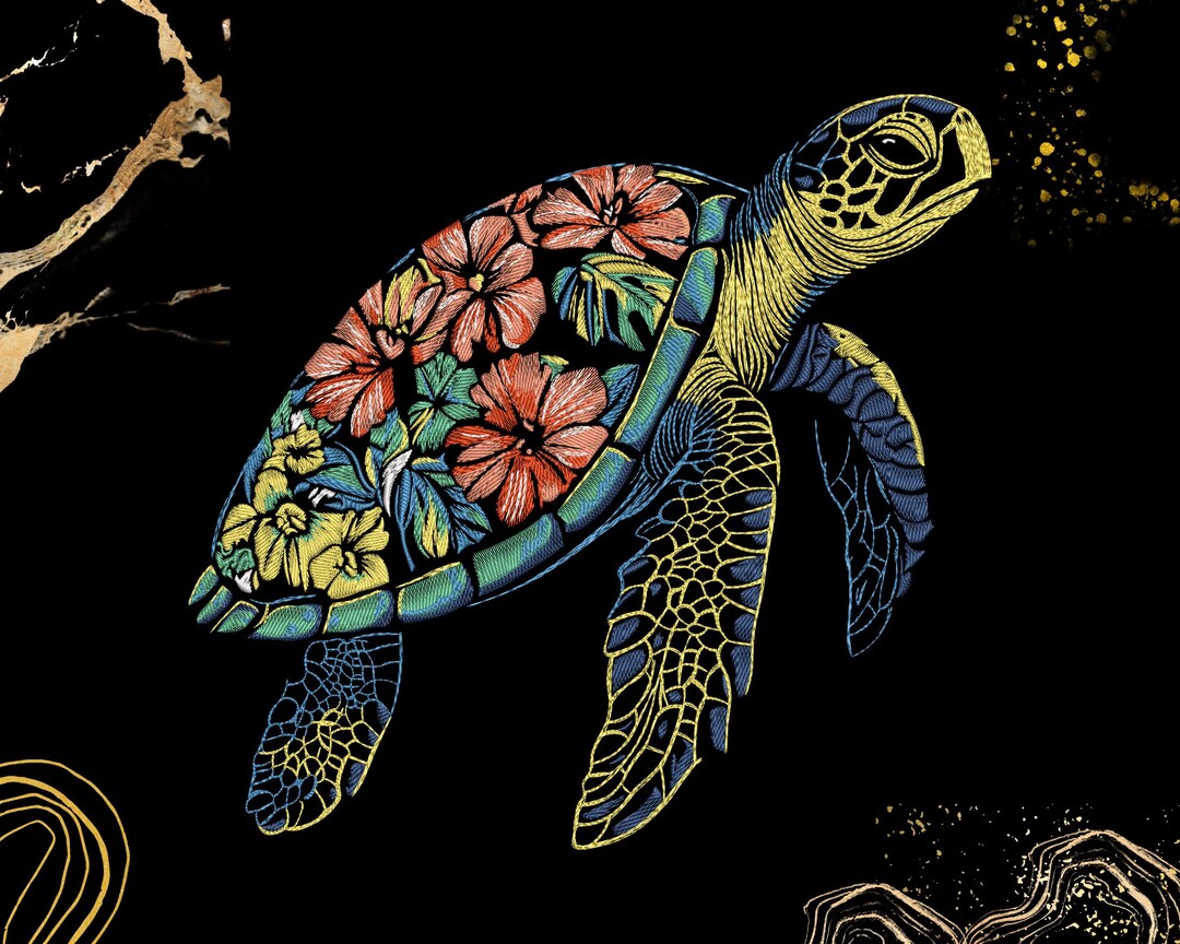 Sea Turtle Embroidery Design | Floral Tropical Animal Theme | for Black ...