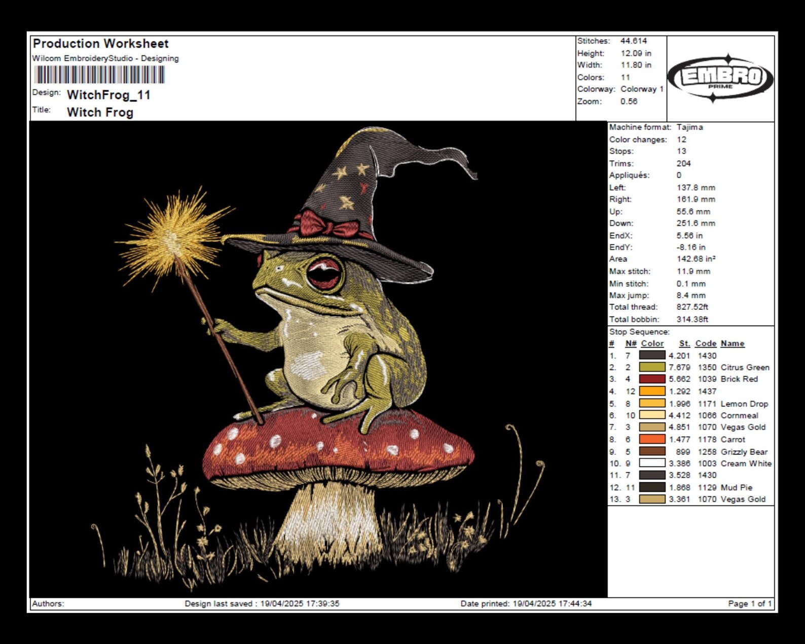 Witch Frog Embroidery Design | Magical Fantasy Toad on Mushroom ...
