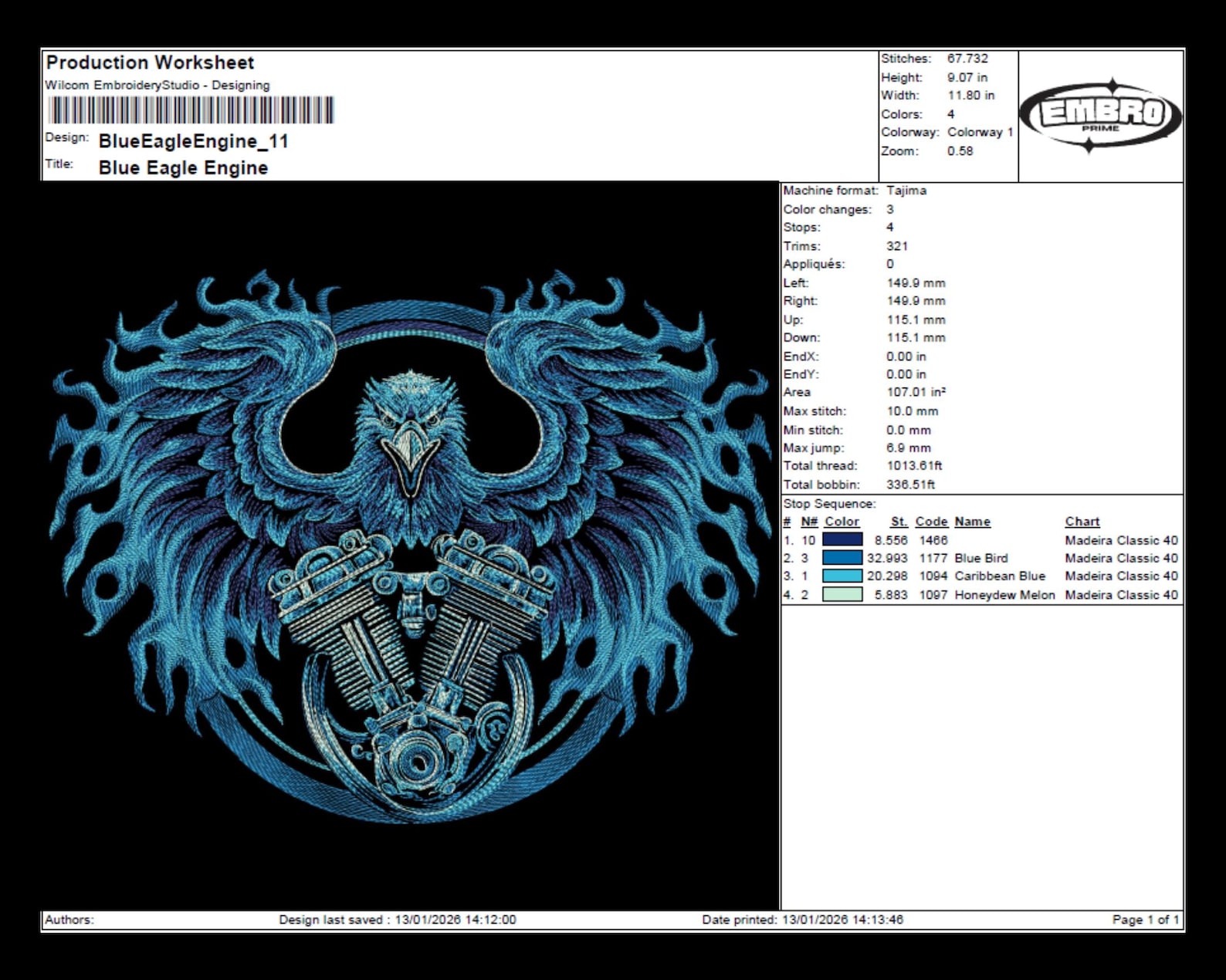 Blue Eagle Engine Embroidery Design | Biker Mechanical Eagle ...