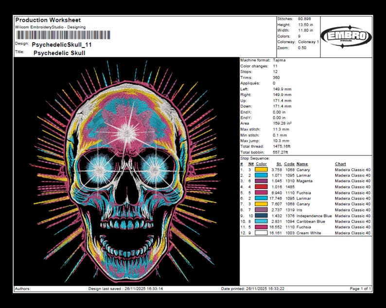Psychedelic Skull Embroidery Design | Neon Gothic Art | Apparel & Patch ...
