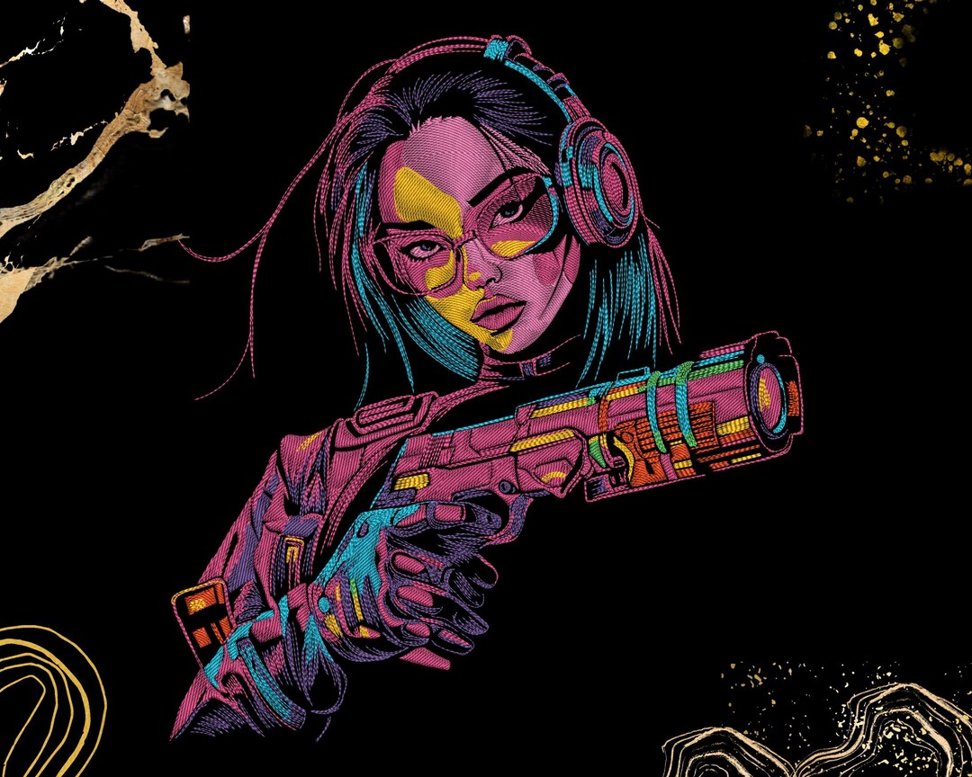 Cyberpunk Girl With Gun Embroidery Design | Neon DJ Gamer Woman ...