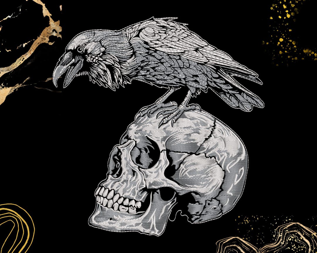 Raven and Skull Embroidery | Gothic Death Design | Jacket Patch Art ...