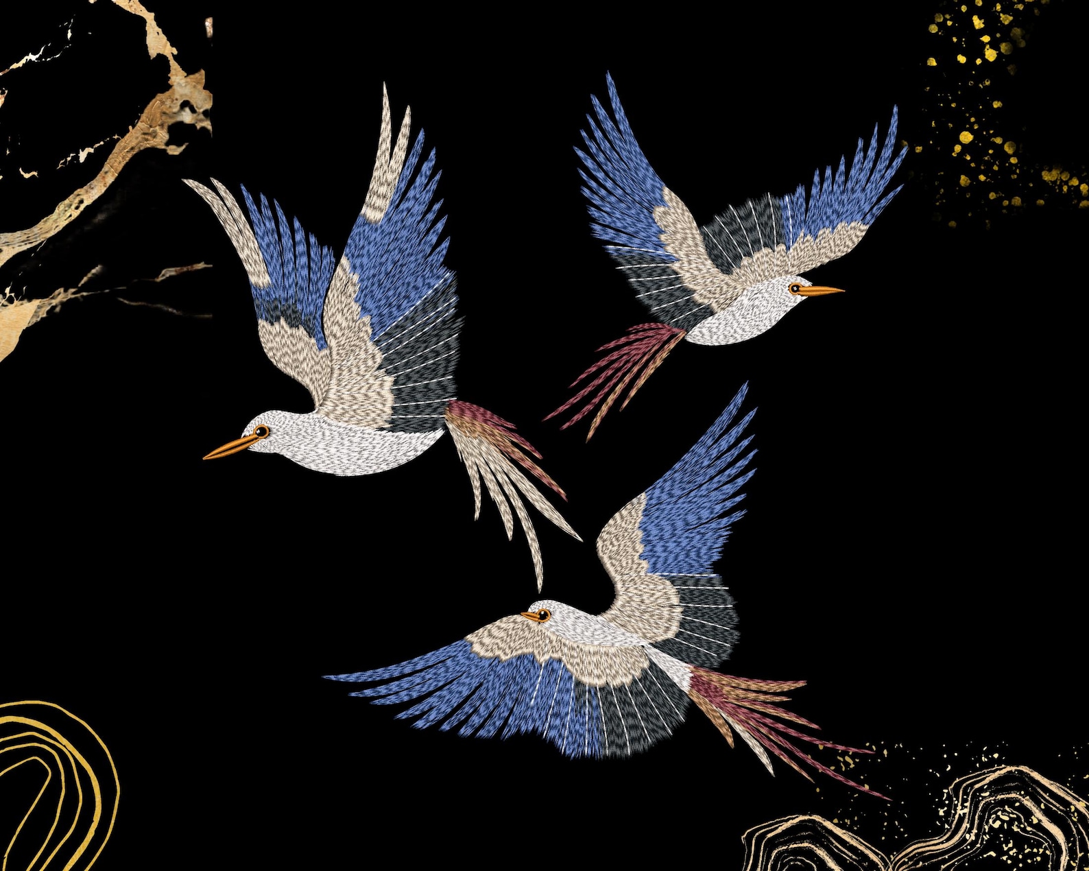 Flying Birds Embroidery Design | Elegant Heron Crane Digital Pattern ...