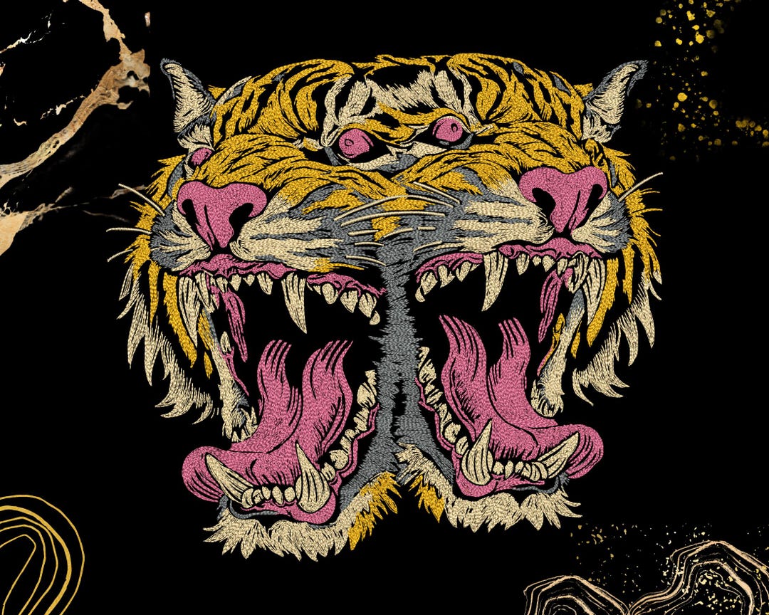 Two Headed Tiger Embroidery Design | Fierce Animal Embroidery Art ...