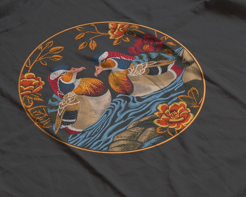 Mandarin Ducks Embroidery Design | Oriental Floral Art | for Clothing ...