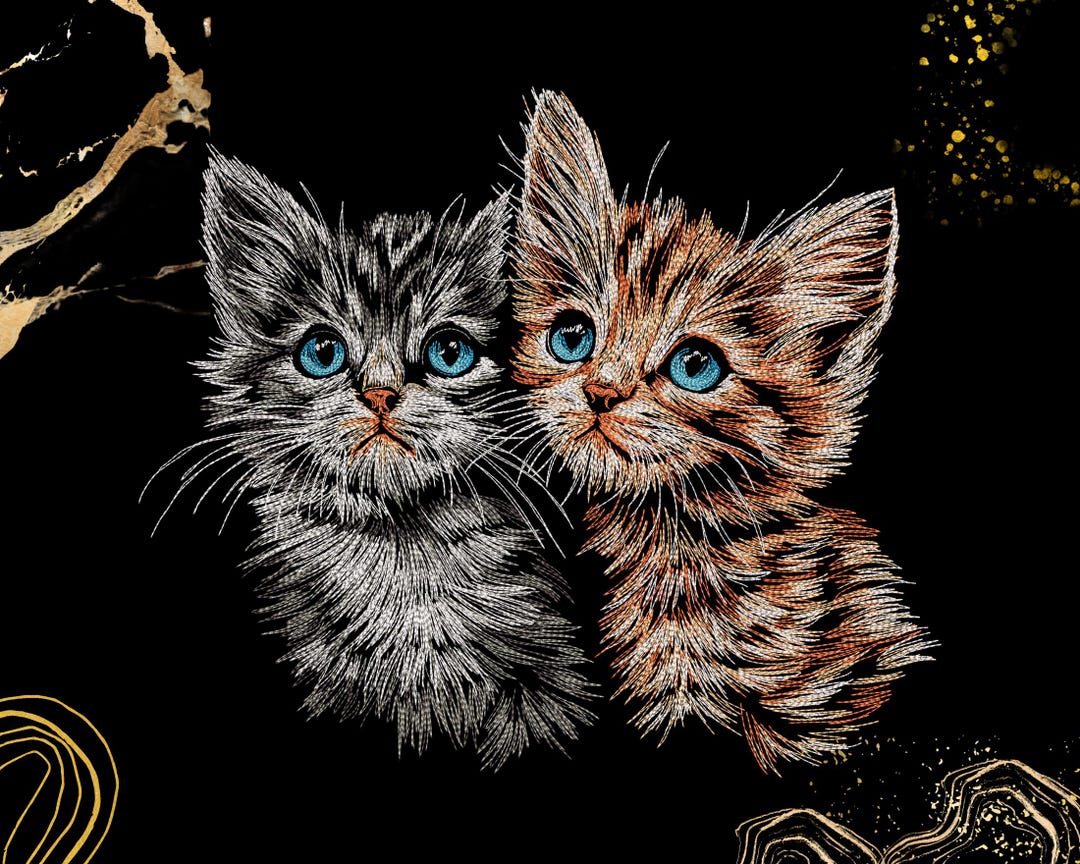 Desenho de Bordado de Gatinhos Gêmeos Fofos | Retrato Adorável de Gato ...