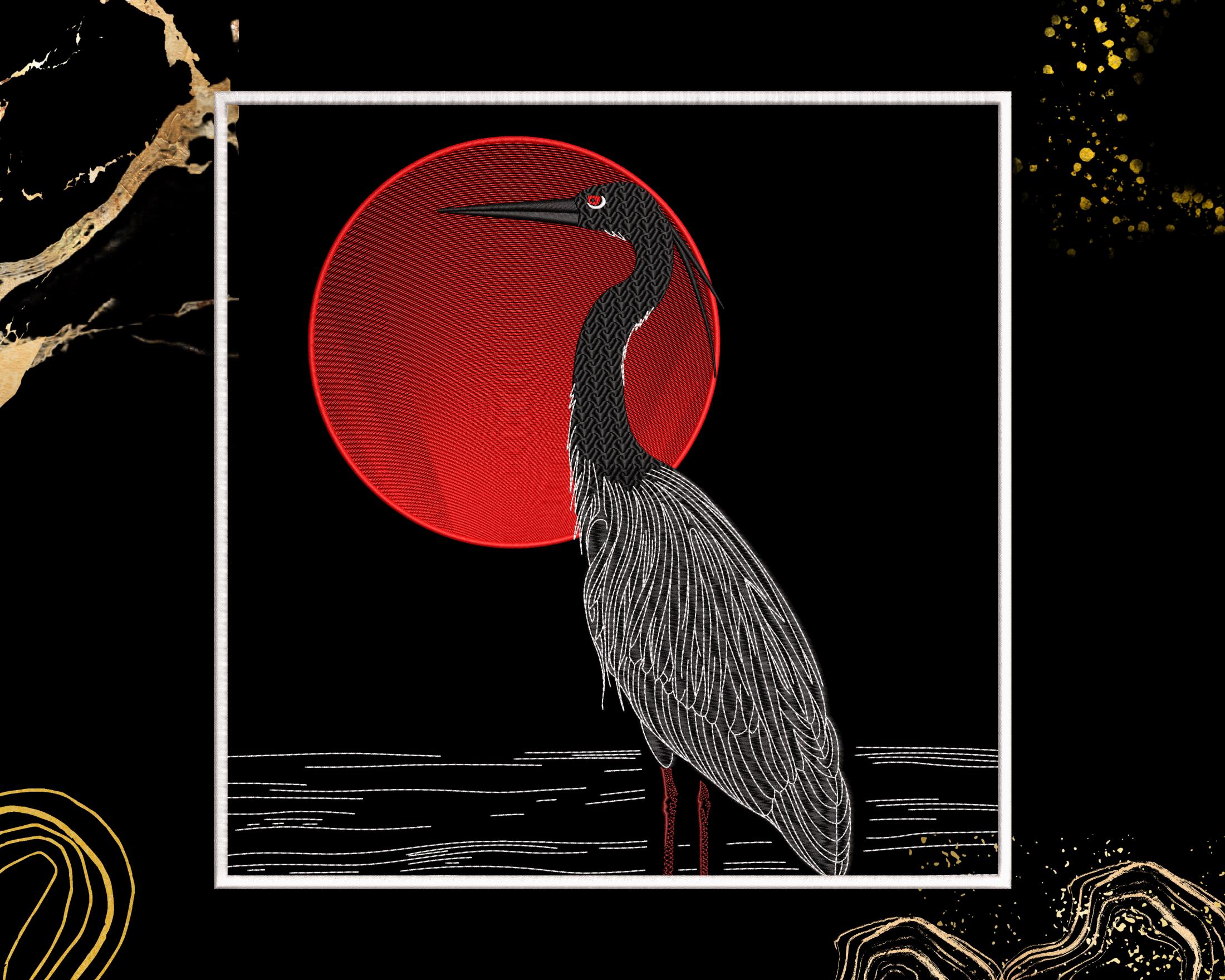 Crane Embroidery Design | Red Moon Theme | Digital Download for DIY ...