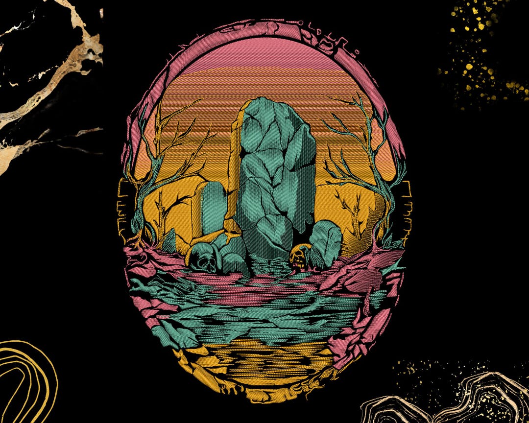 Graveyard Rock Embroidery Design | Two Skulls Sunset Cemetery Scene ...