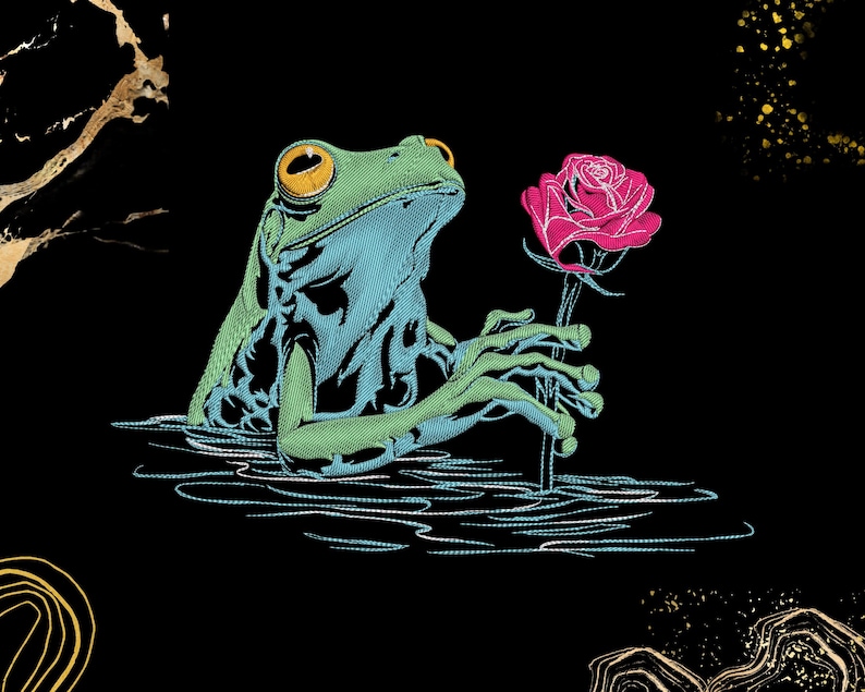 Frog in Love Embroidery Design | Cute Frog Holding Rose in Water ...