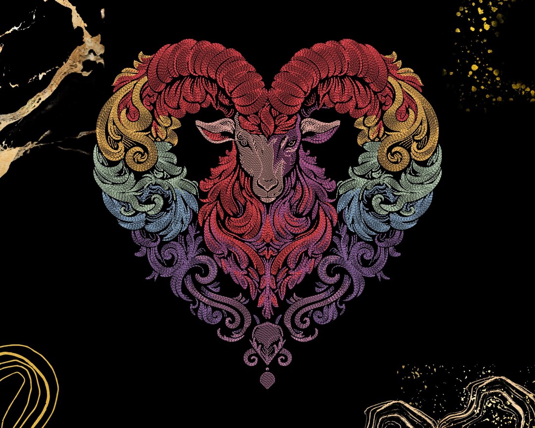 Nubian Ibex Goat Embroidery Design, Heart-shaped Ornamental Animal ...
