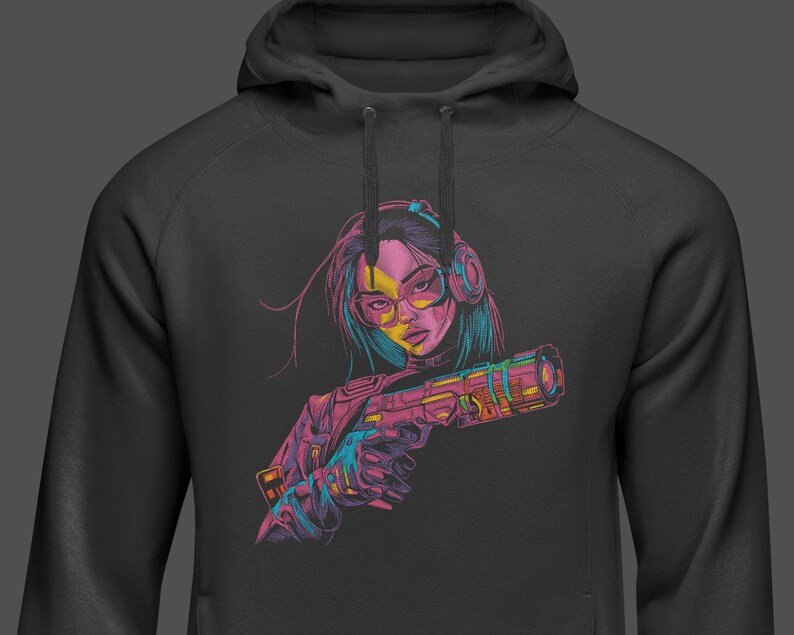 Cyberpunk Girl With Gun Embroidery Design | Neon DJ Gamer Woman ...