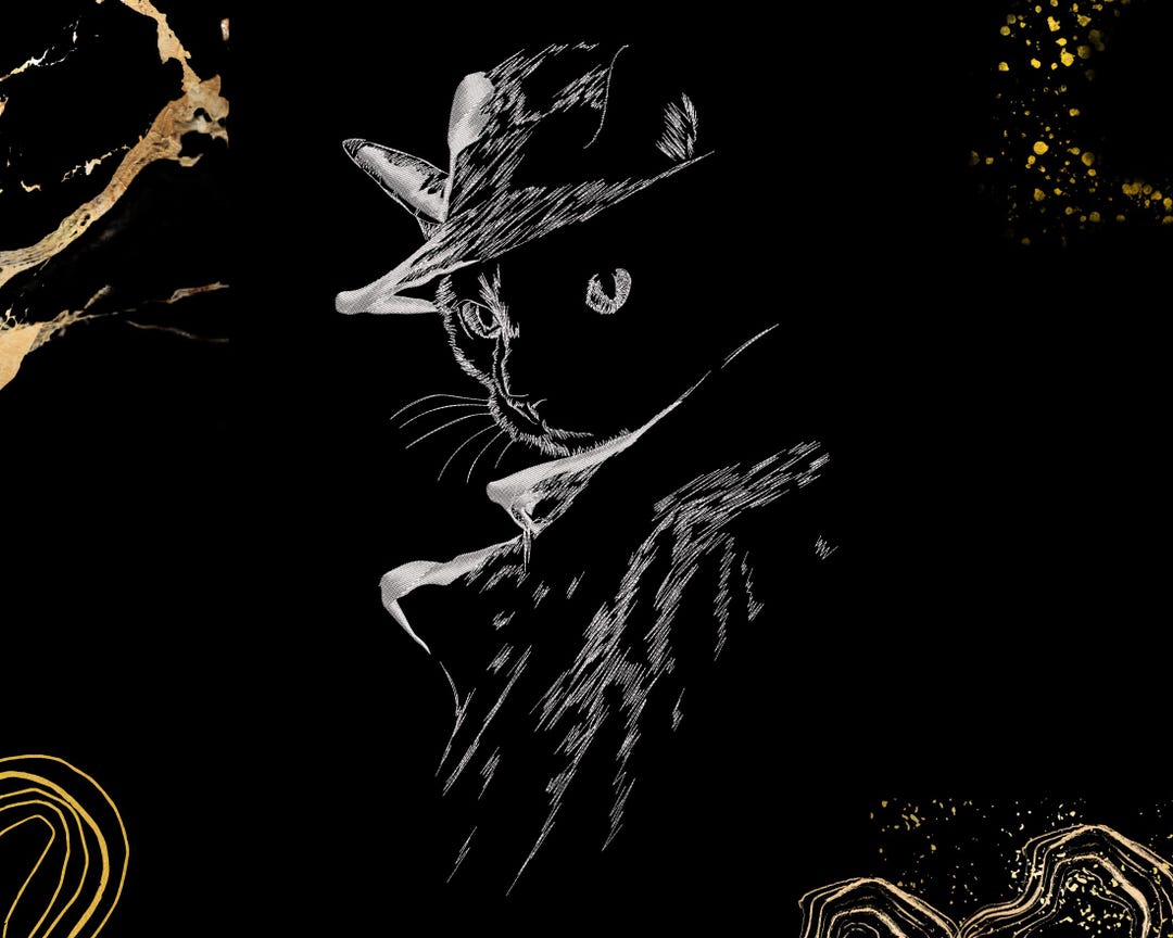 Cat Detective Embroidery Design | Noir Sketch Line Art Cat | Gothic Art ...