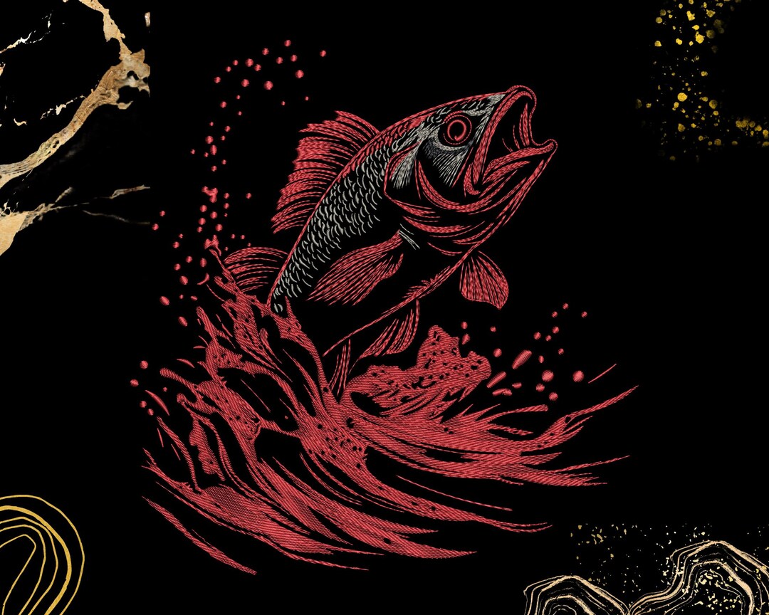 Jumping Bass Fish Embroidery, Splash Water Red Design, Fishing Lover ...