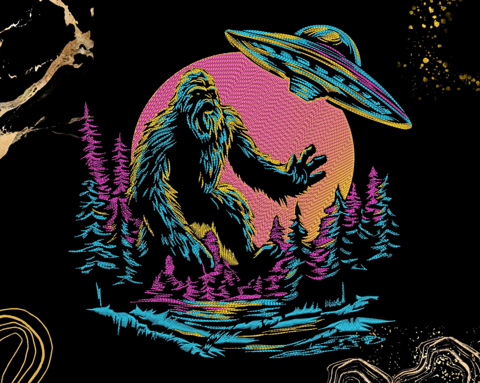 UFO Sasquatch Embroidery Design | Retro Forest Cryptid Scene | Alien ...