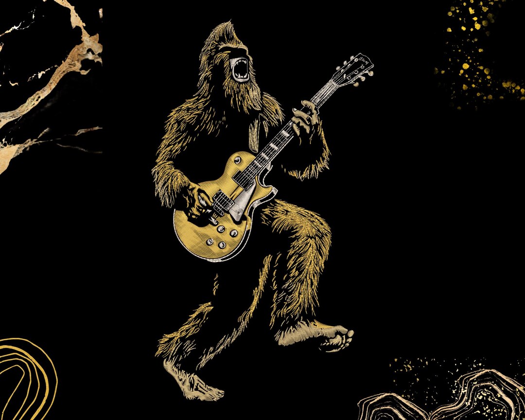 Bigfoot Guitar Embroidery Design | Rocking Sasquatch, Gold Stitch ...