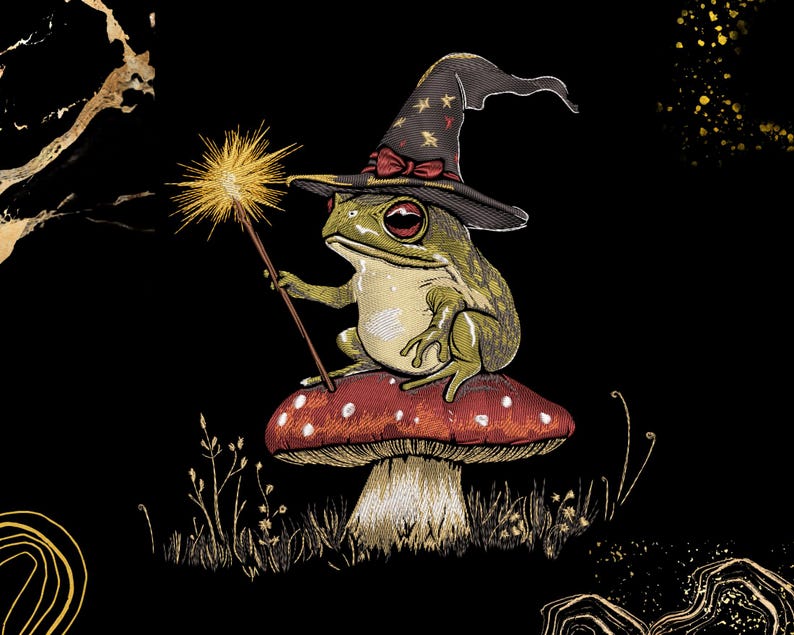 Witch Frog Embroidery Design | Magical Fantasy Toad on Mushroom ...