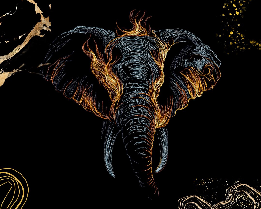 Elephant Fire Embroidery Design | Flaming Line Art Elephant | Wildlife ...