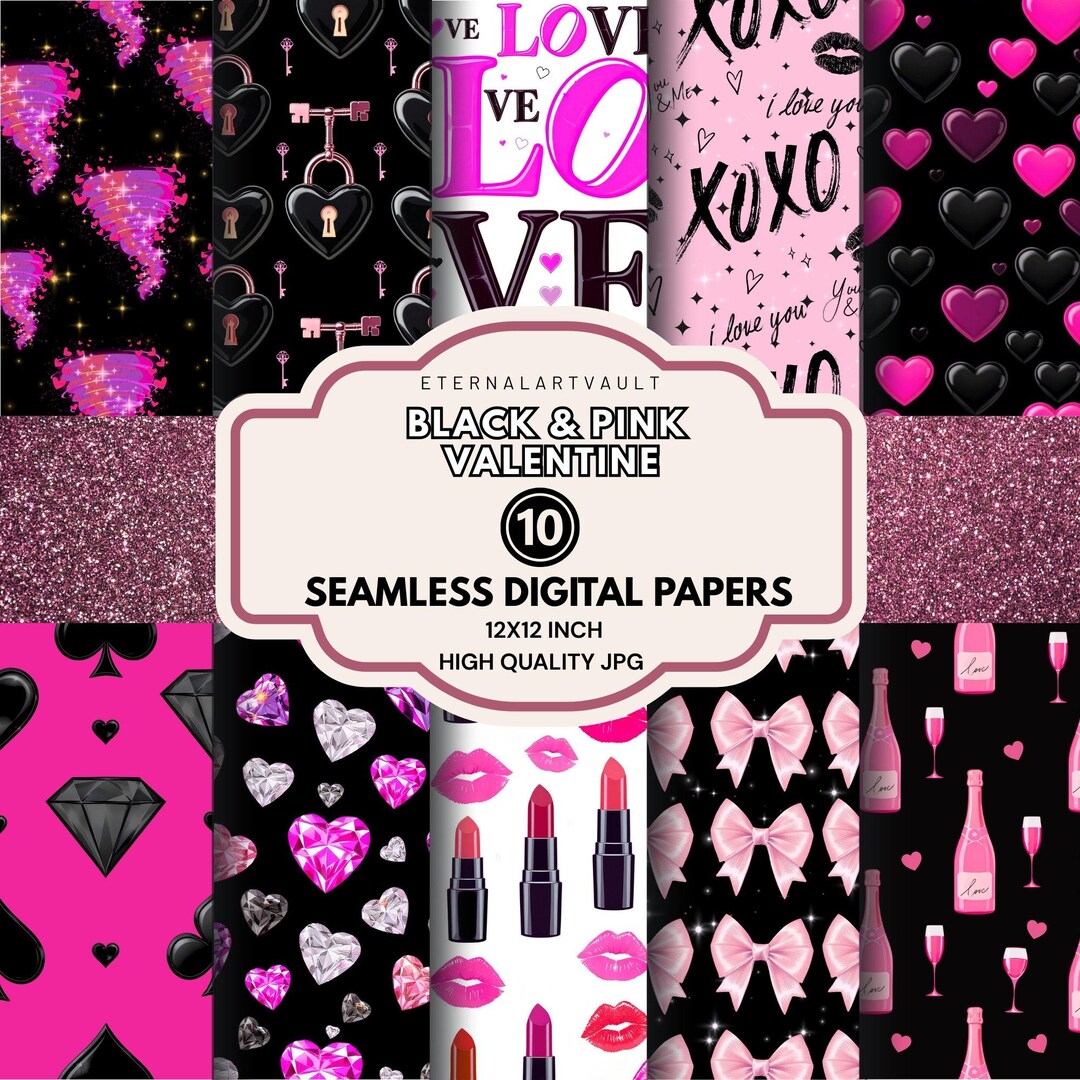Black & Pink Valentine Digital Paper | Luxury Seamless Patterns | Hot ...