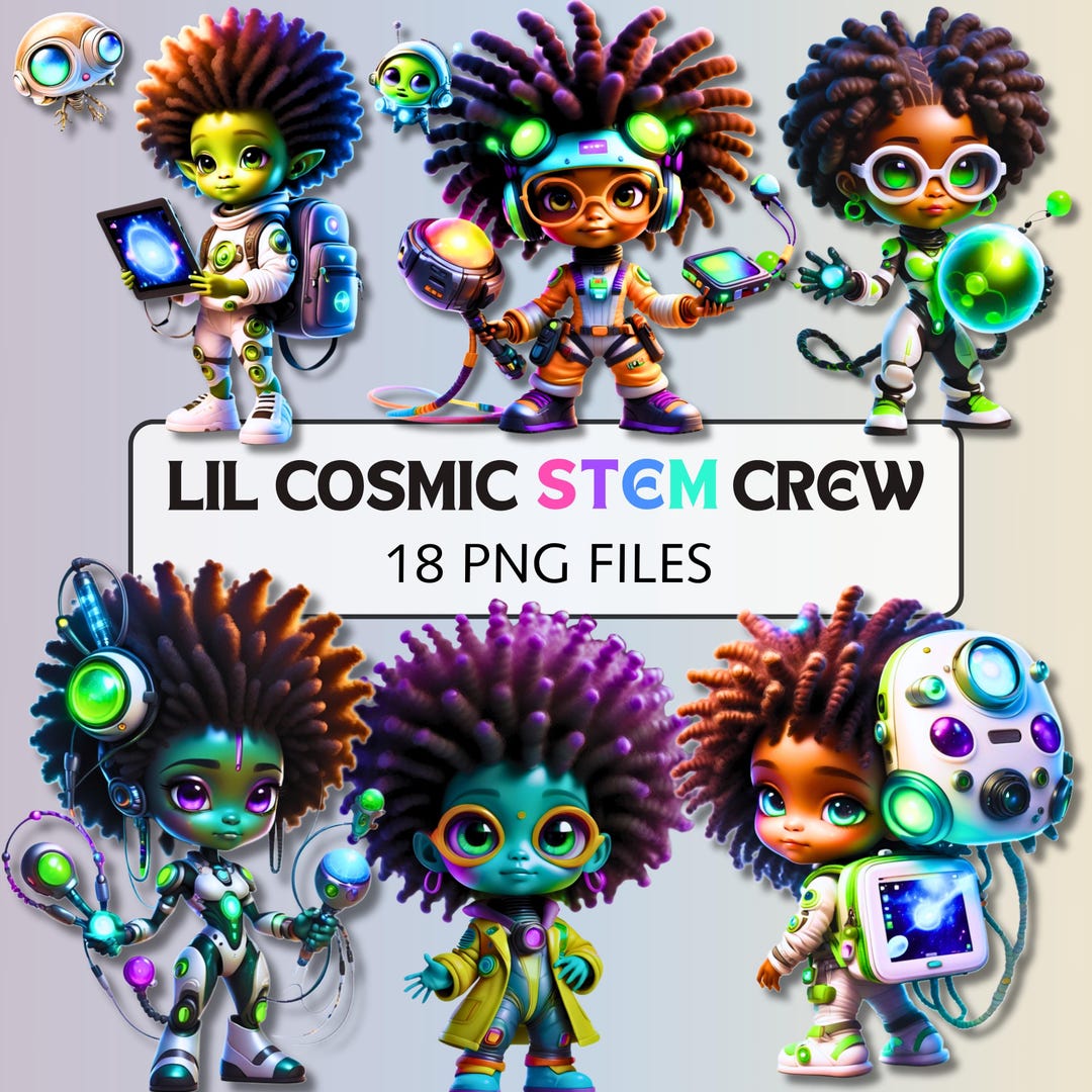 Lil Cosmic STEM Crew – 19 Diverse Sci-fi Kids Clipart Pngs ...