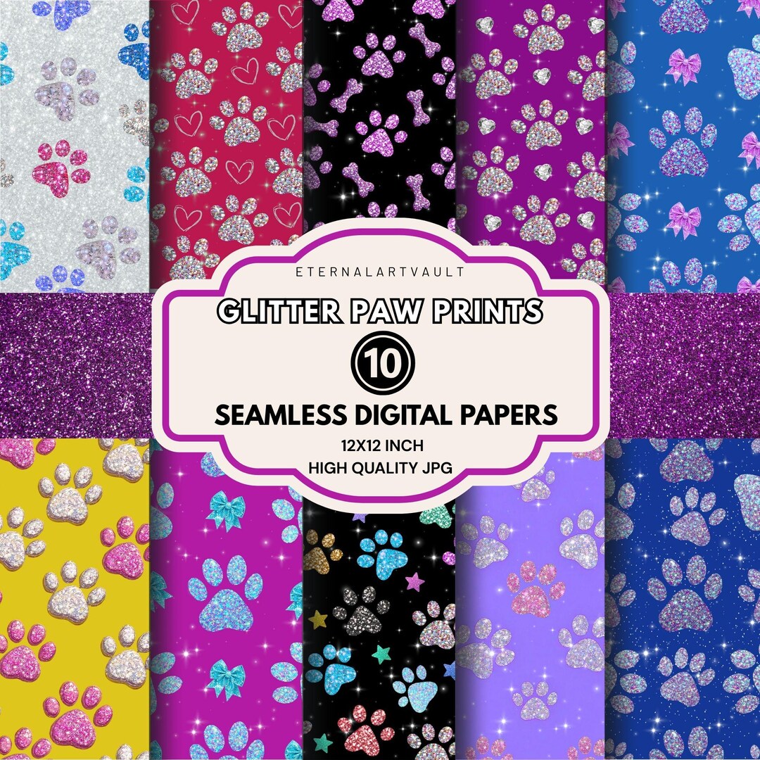 Glitter Dog Paw Prints Seamless Digital Paper Set | Valentine Sparkly ...