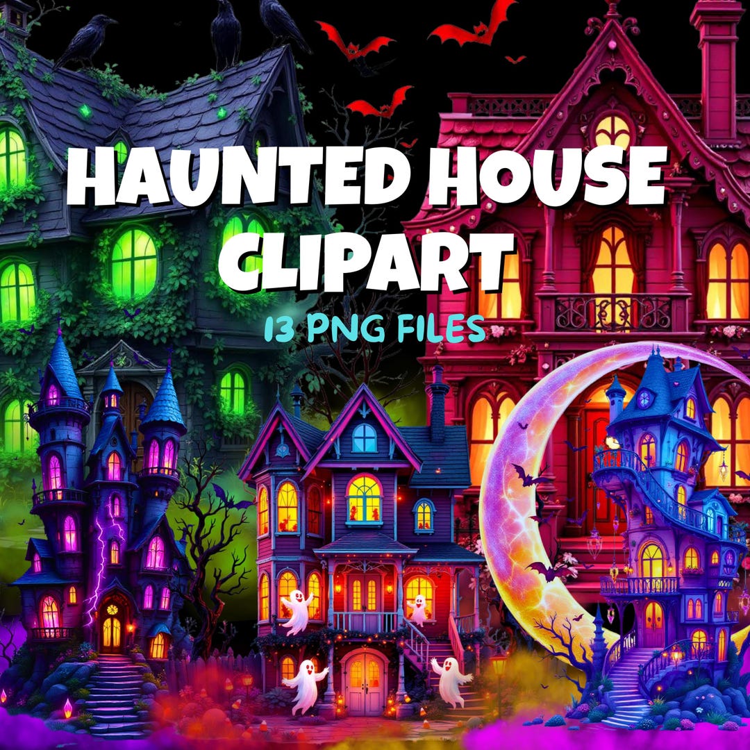 Neon Haunted House PNG Bundle | Spooky Halloween Clipart | Glowing ...