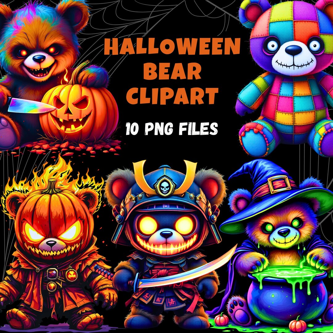Halloween Bear Clipart | Scary Cute Watercolor Bears PNG | Fall Animal ...