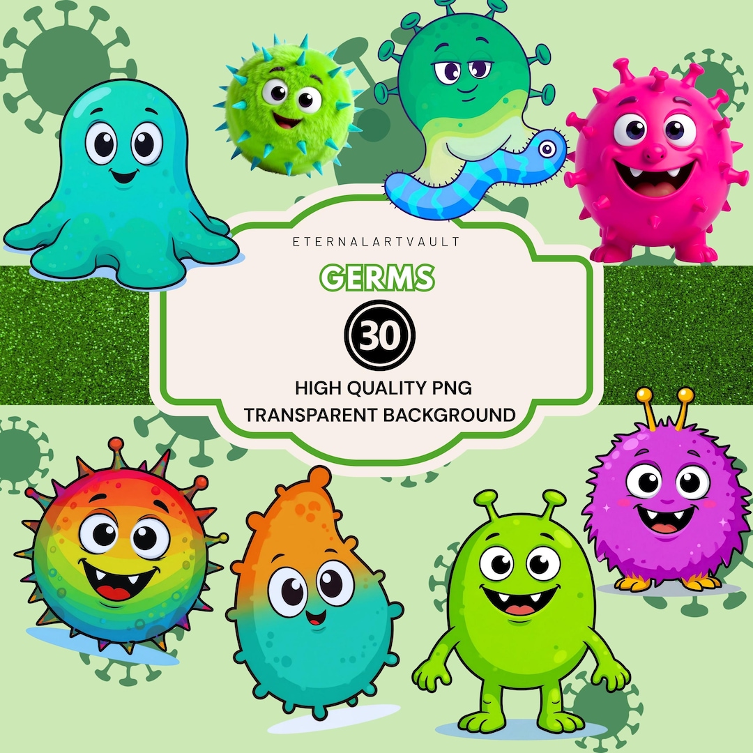 Germs PNG Bundle, Cute Germ Clipart, Virus Bacteria PNG, Kawaii Germs ...