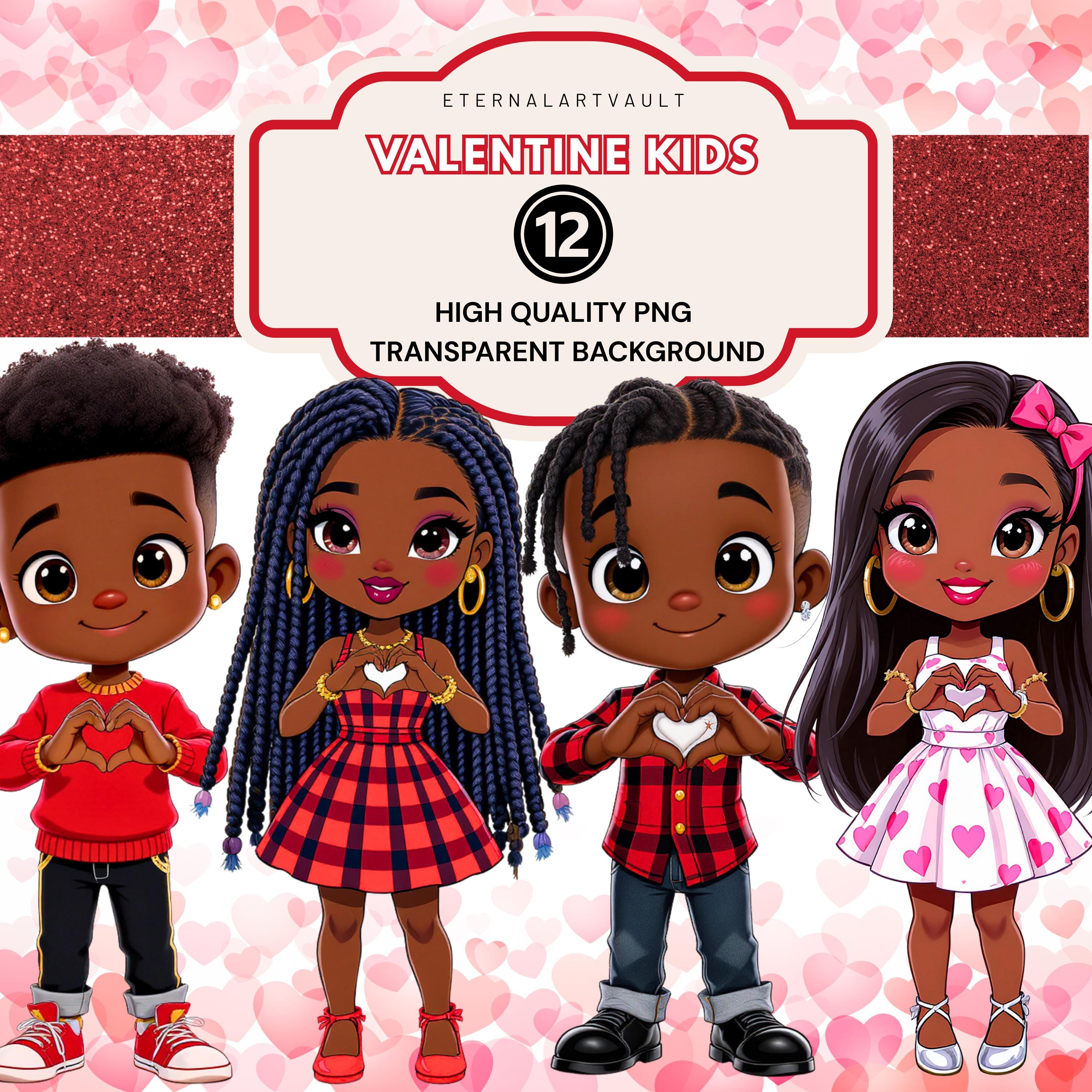 Luxury Valentine Kids Clipart PNG | Black Boys & Girls Heart-hand Pose ...