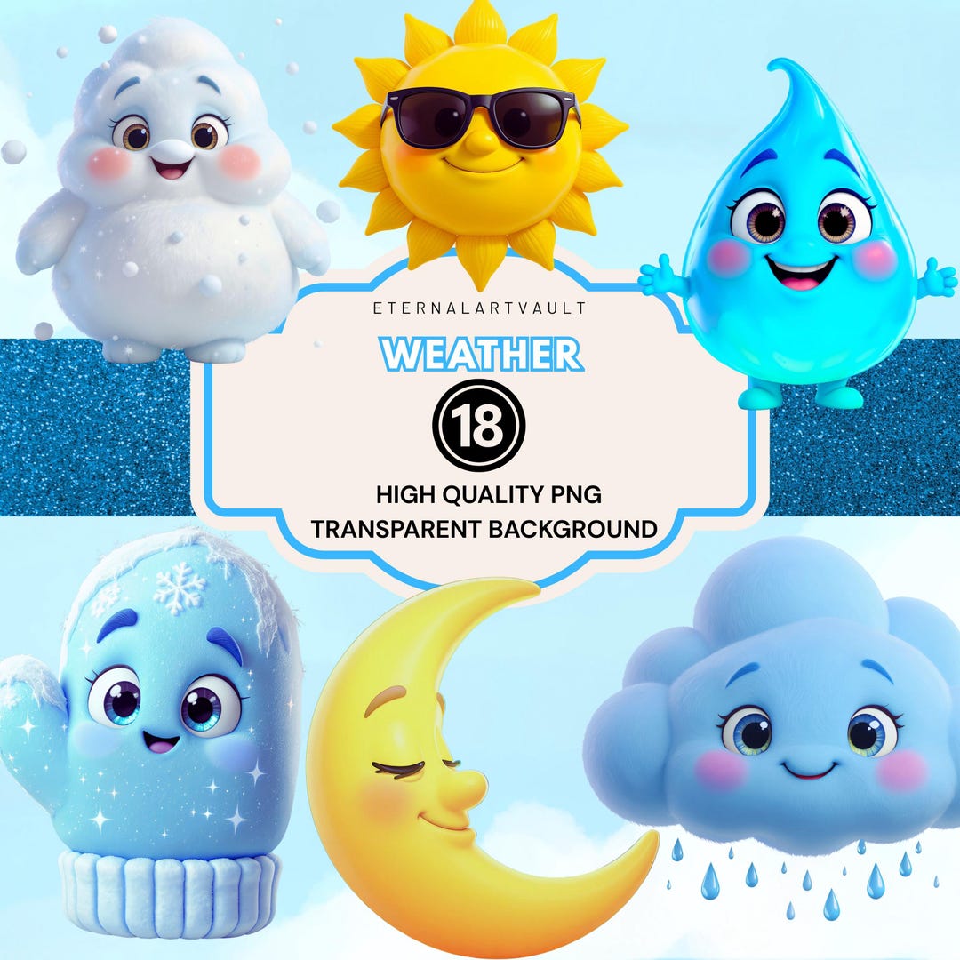 Cute Weather PNG Bundle, Kawaii Weather Clipart, Sun Rain Cloud PNG ...