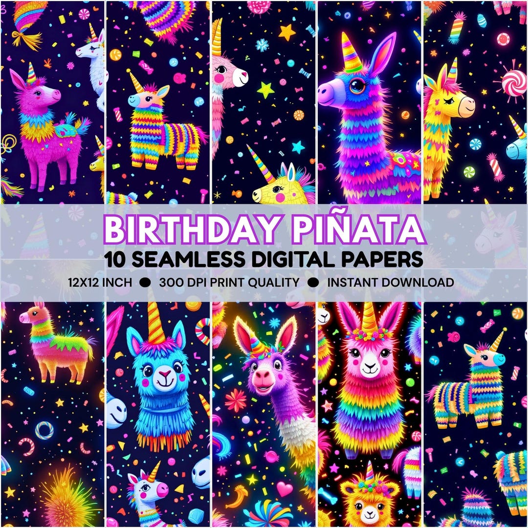 Birthday Piñata Seamless Digital Paper | 10 Colorful Donkey, Llama ...